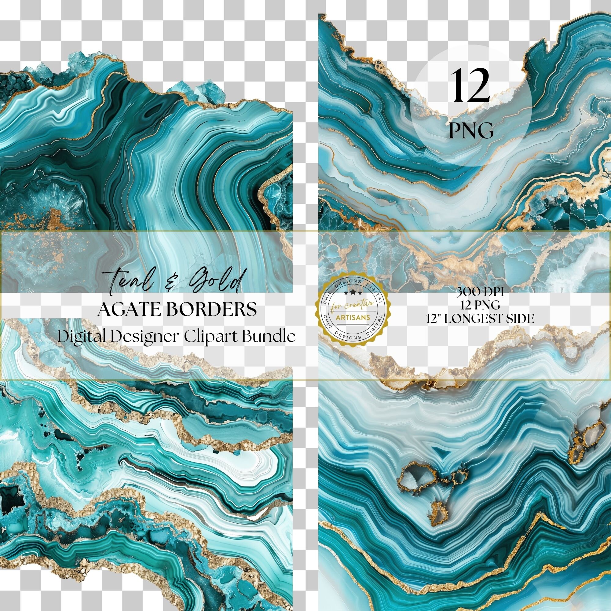 Teal & Gold Agate Borders, Marble Texture Clipart, 12 Pngs, 300 DPI ...