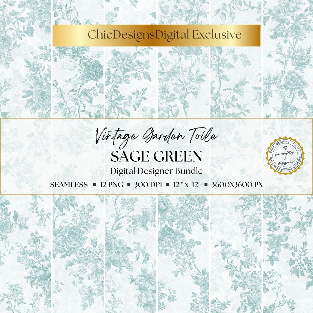 Soft Sage Green Digital Papers, Seamless Patterns, Toile Backgrounds ...