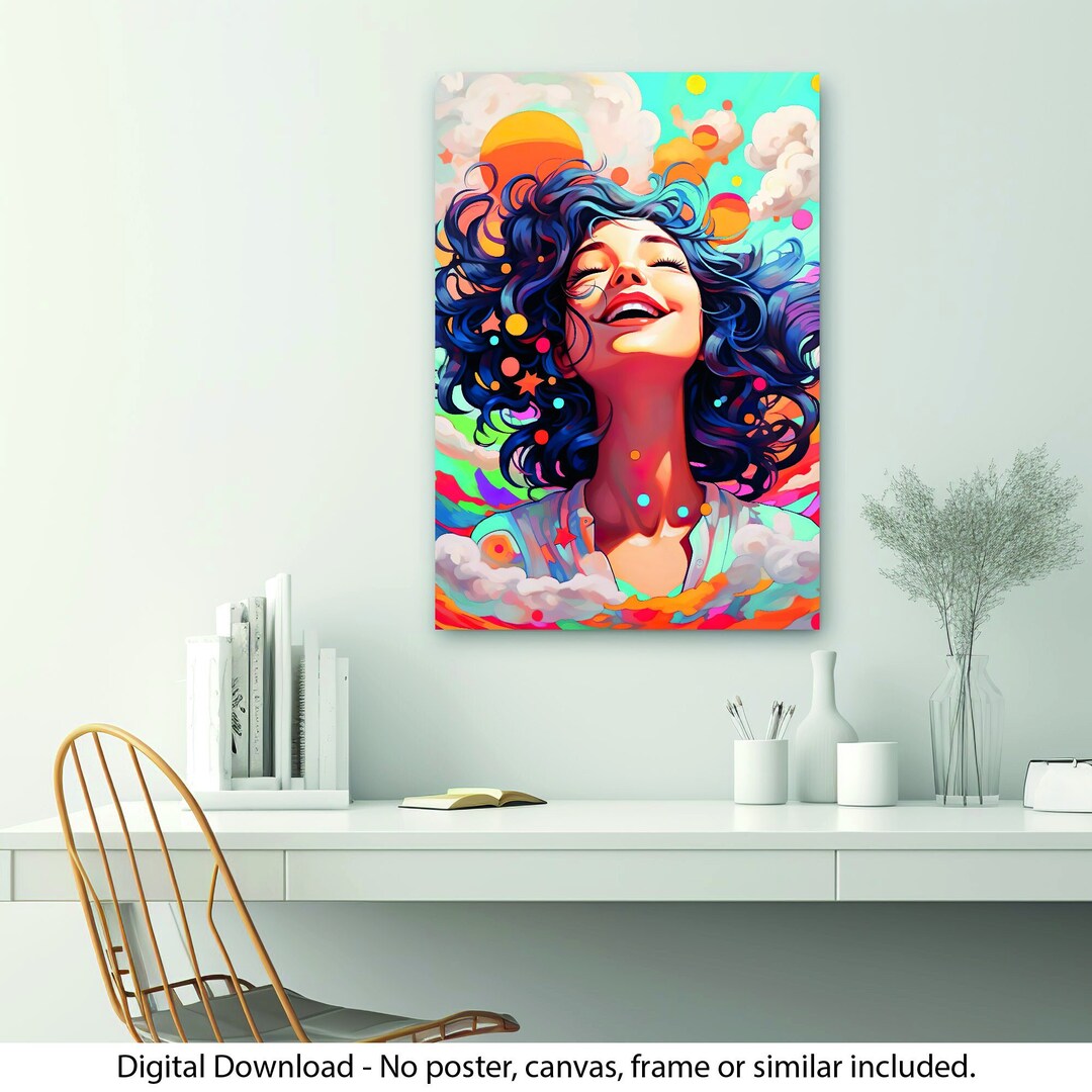 Happy Printable Poster, Colorful Portrait Print, Joyful Poster, Woman ...