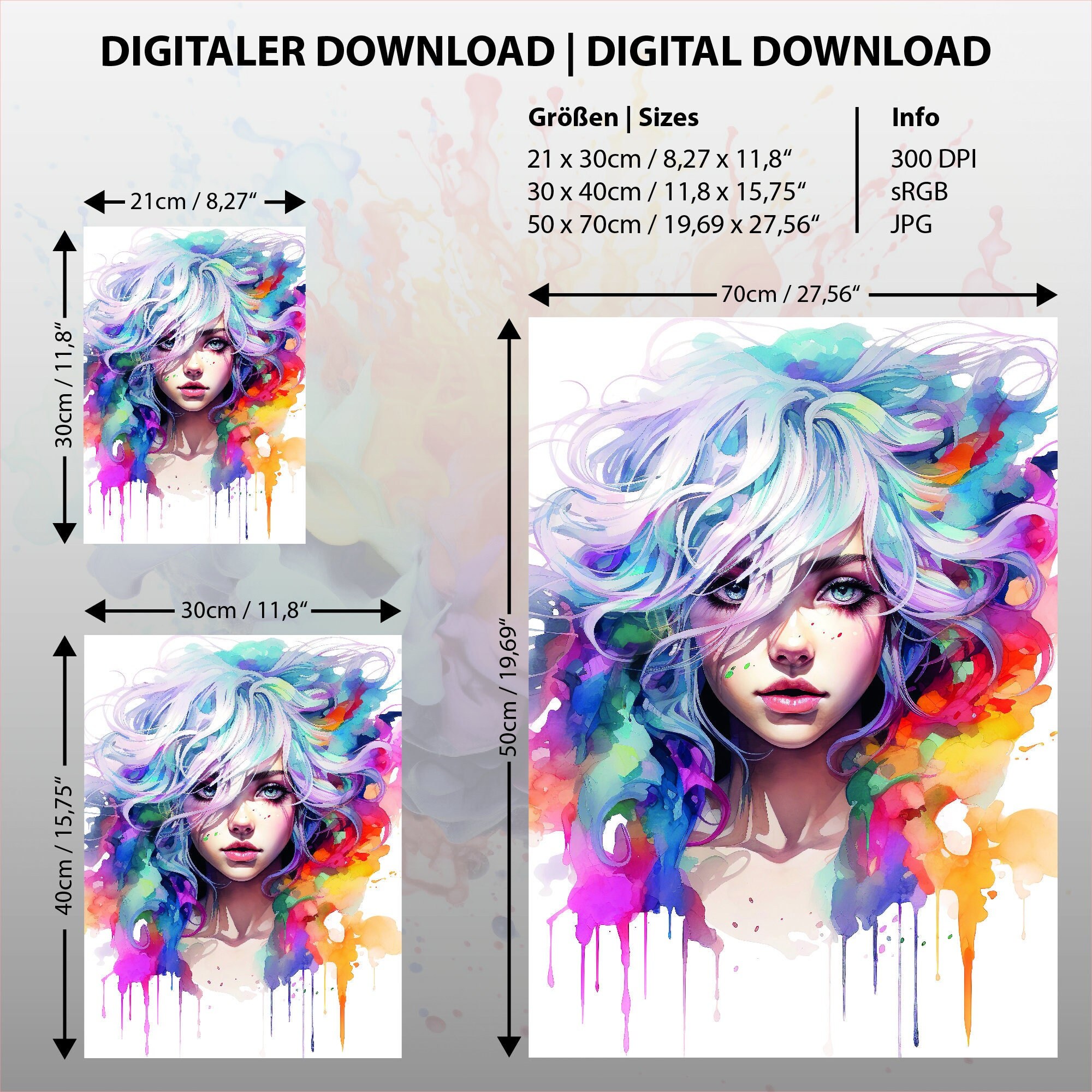Digital Download Colorful Hair Posters Wall Art Canvas Anime Manga ...