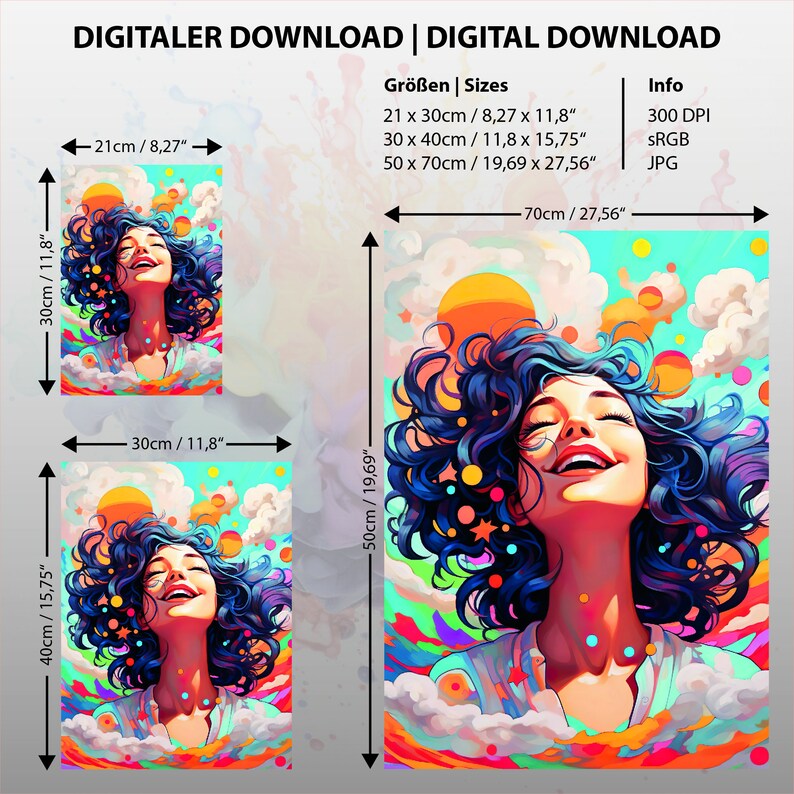 Happy Printable Poster, Colorful Portrait Print, Joyful Poster, Woman ...