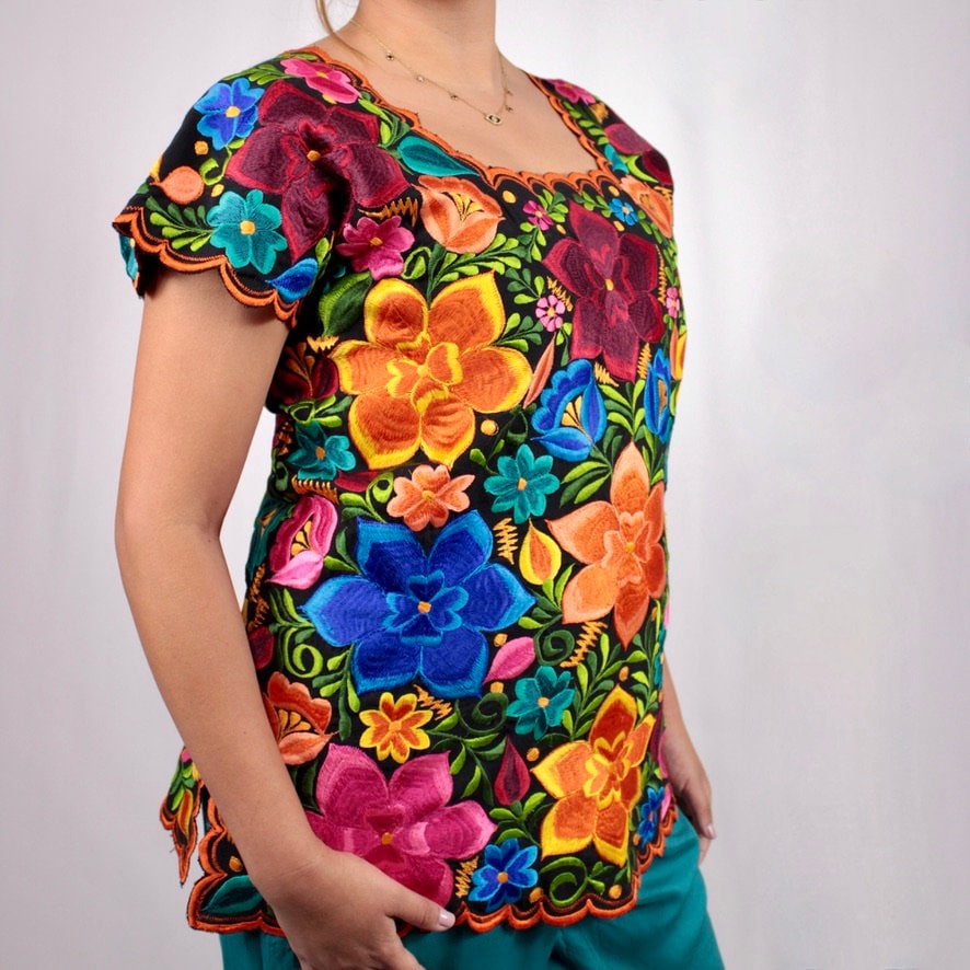 Yucatecan Blouse Hand Embroidered on Both Sides Frida Model - Etsy
