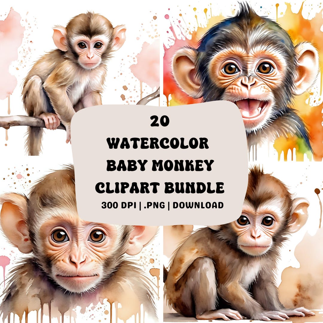 20 Watercolor Baby Monkey Clipart Bundle | Jungle Nursery Animal ...
