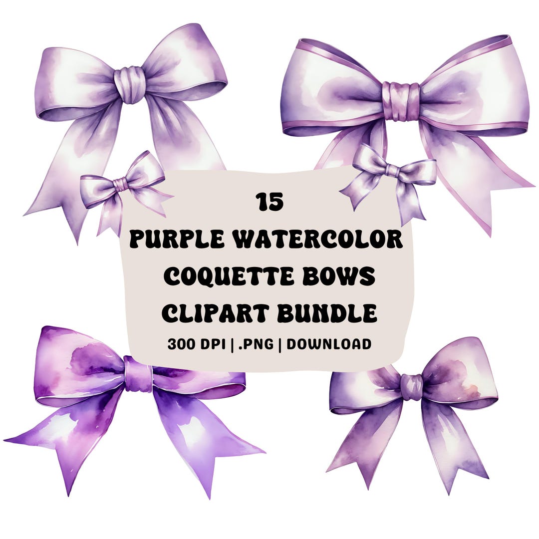 Watercolor Purple Coquette Bow Clipart: Hand-painted Ribbon Graphics ...