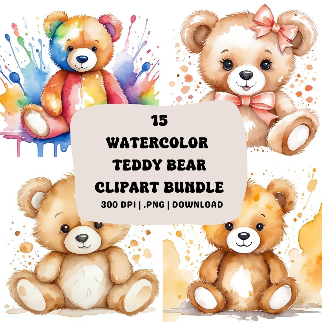15 Watercolor Teddy Bear Clipart Bundle | Baby Shower Nursery Graphics ...