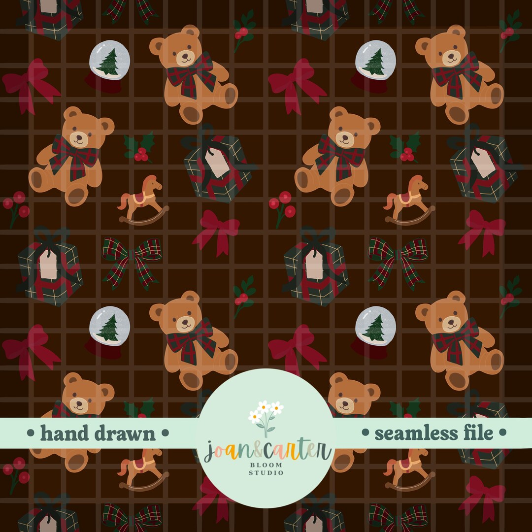 Preppy Heritage Christmas Toy Shop Seamless Pattern | Plaid Bow & Teddy ...