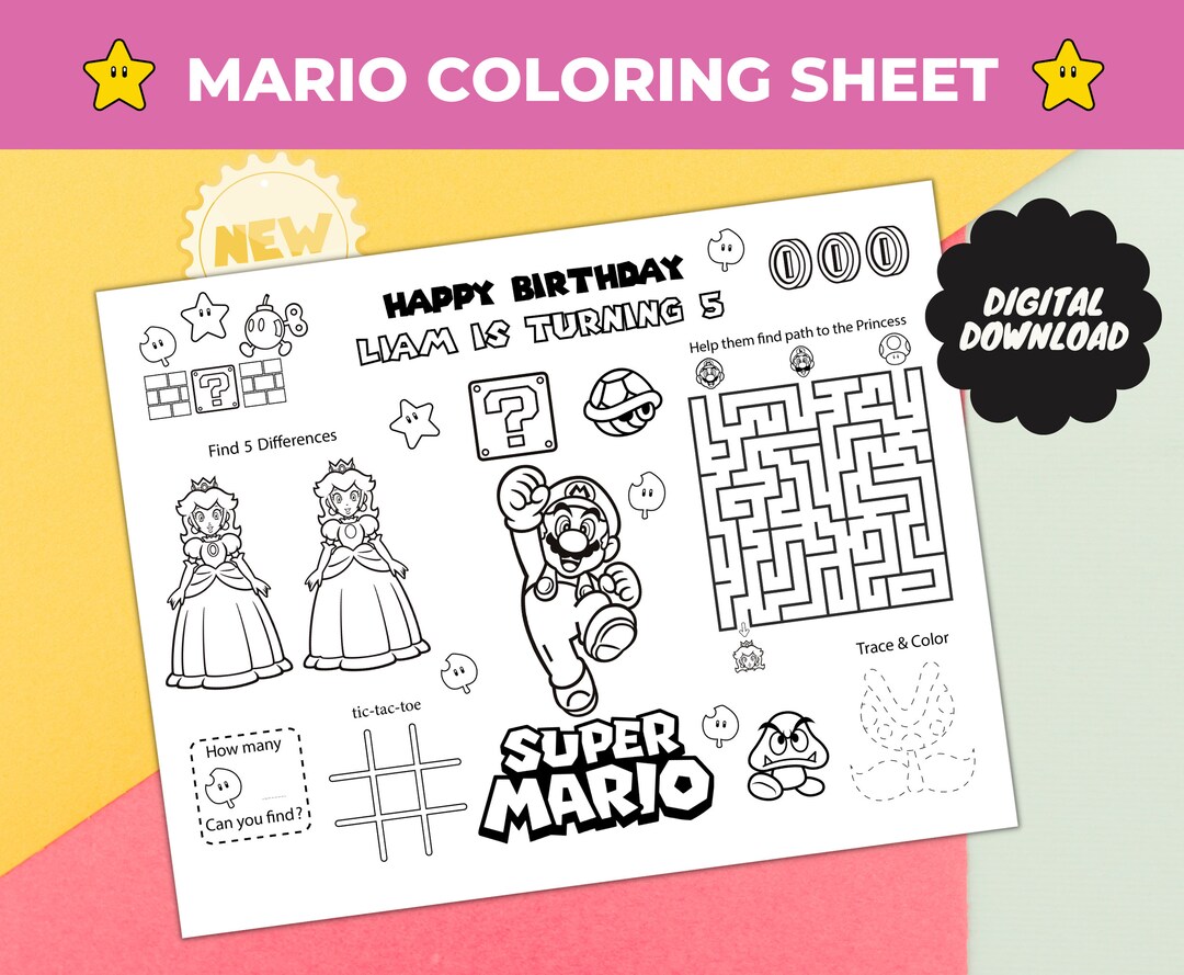 Personalized Mario Birthday Coloring Sheet Custom Printable Activity ...