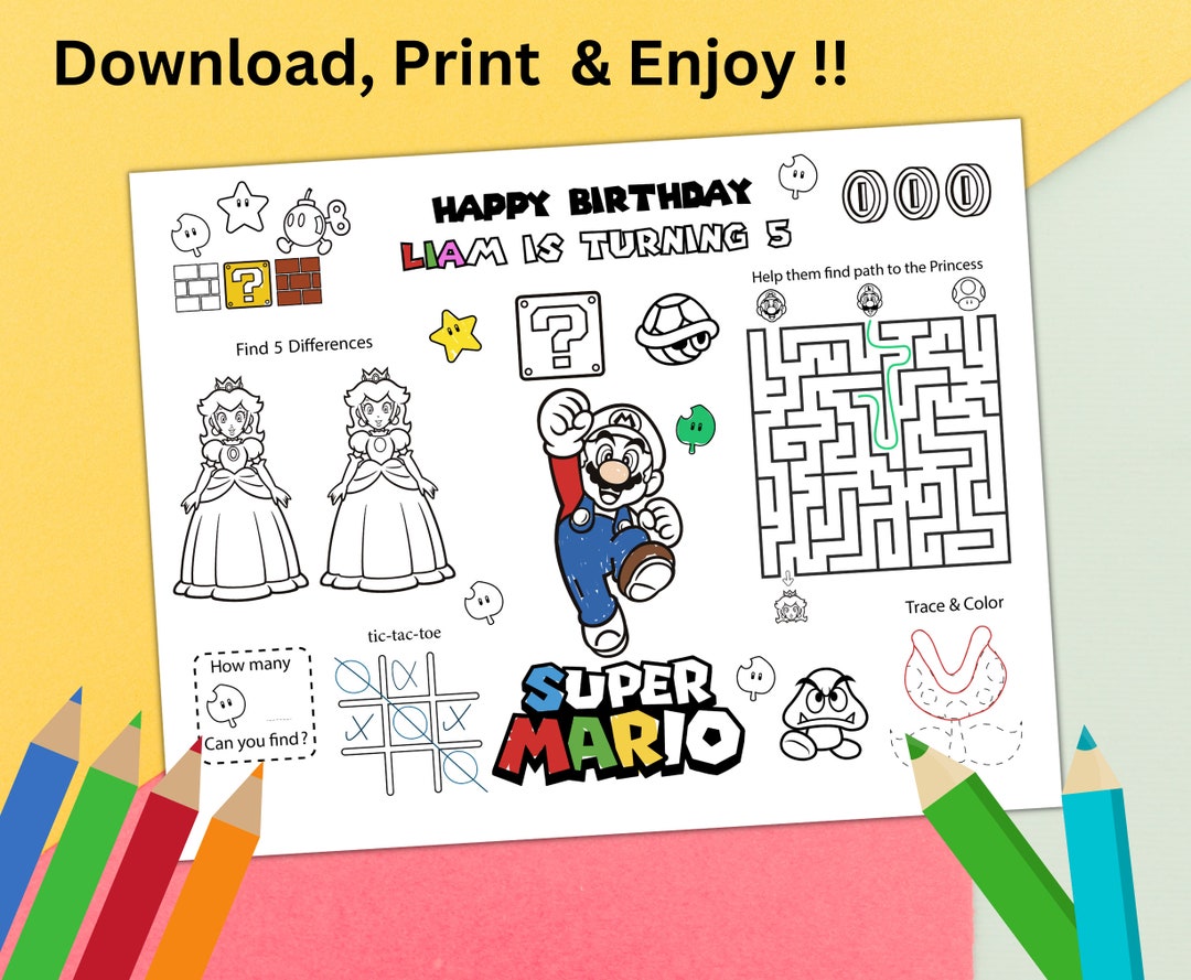 Mario Birthday Coloring Sheet Activity Custom Printable Activity Super ...
