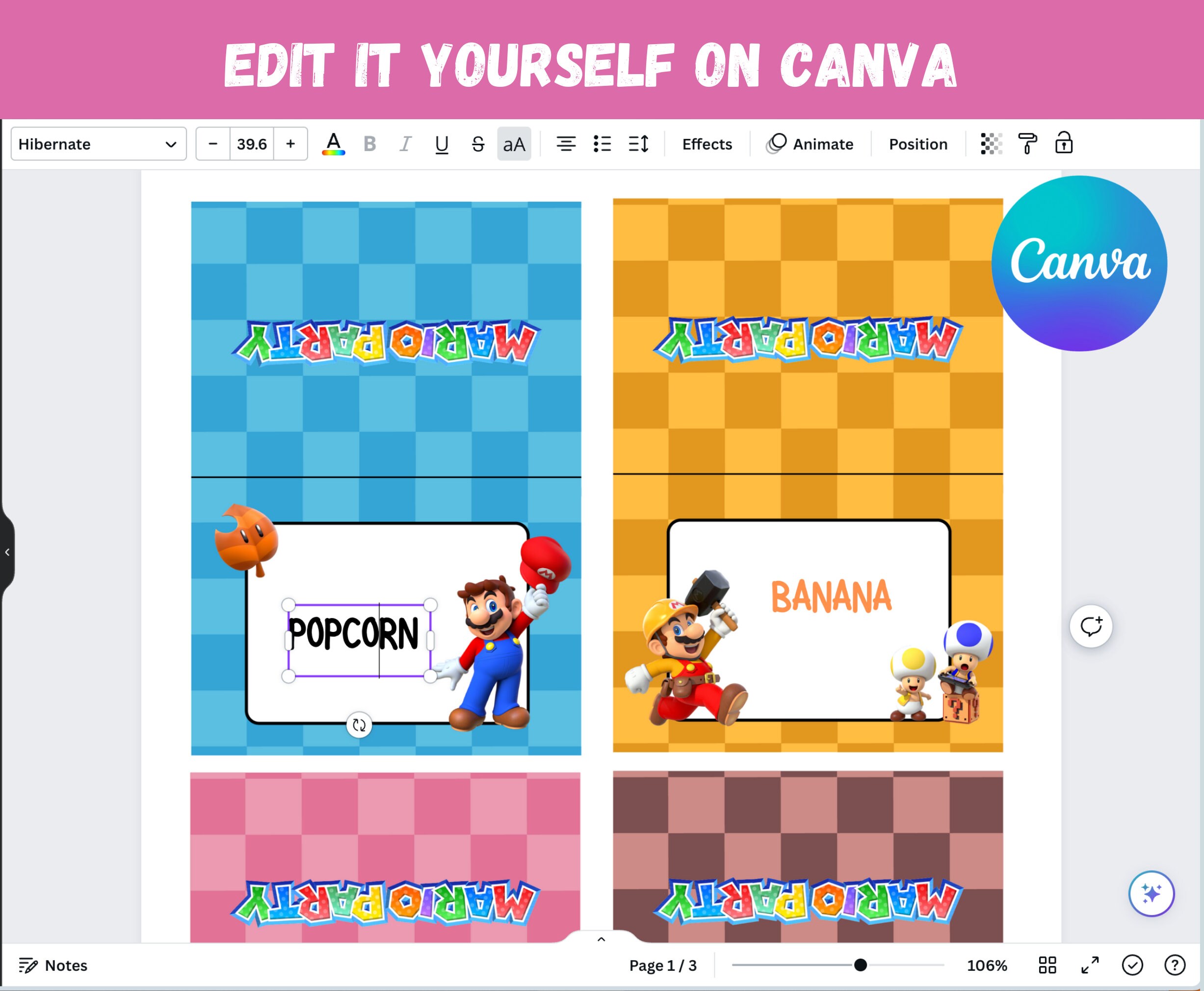 Printable Mario Party Food Label - Editable on Canva - Super Mario Food ...