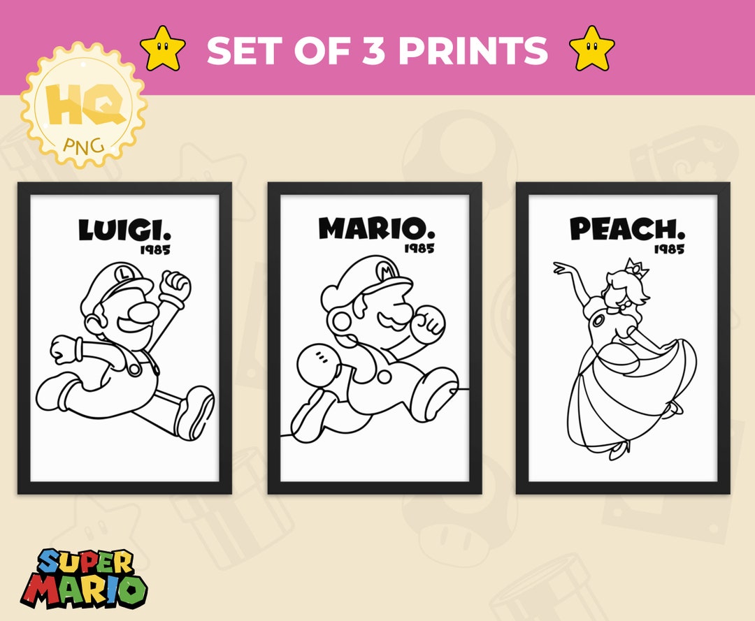 Mario Bros Line Art Poster Set: Minimalist Gamer Room Decor (digital ...