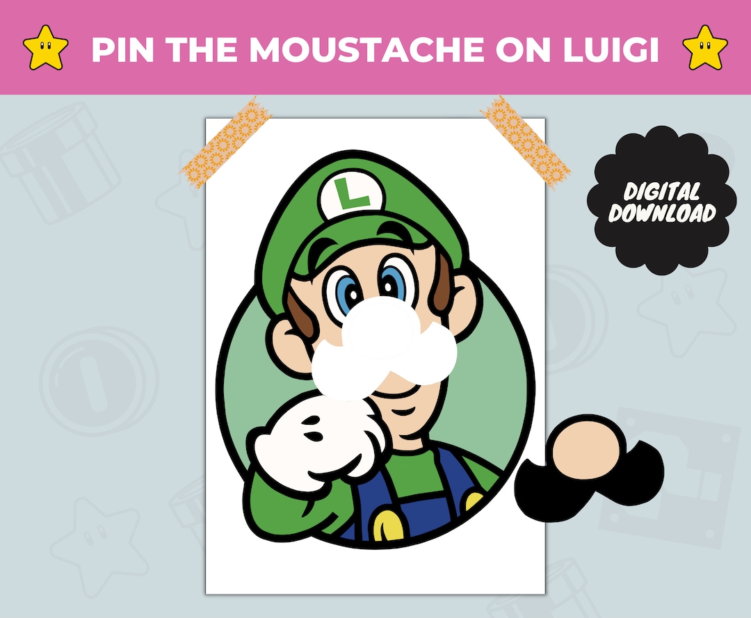 Pin the Moustache on Luigi Game: Super Mario Birthday Party (digital ...