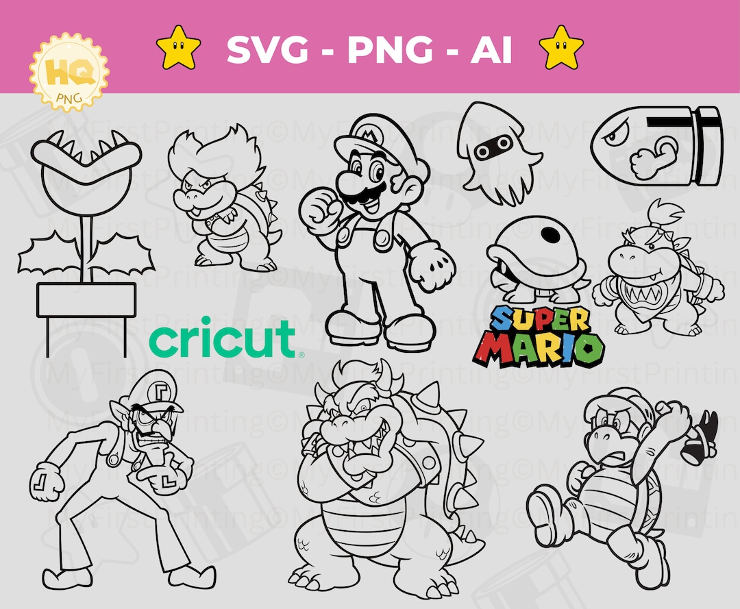 Super Mario SVG Pack of 10 Outline Instant Download for Nintendo Fans ...