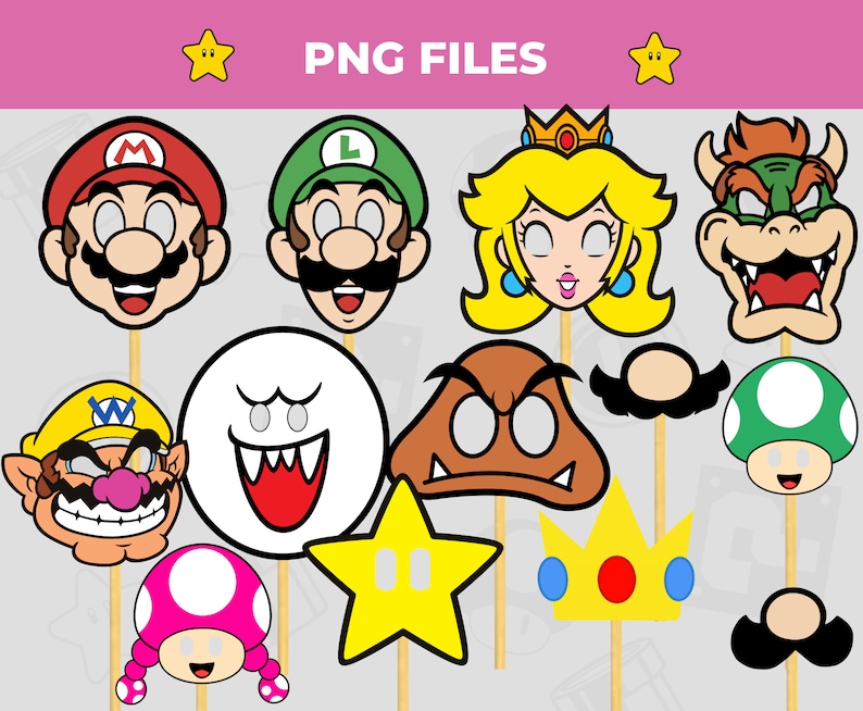 Super Mario Photo Booth Props: Princess Peach, Luigi, Bowser (digital ...