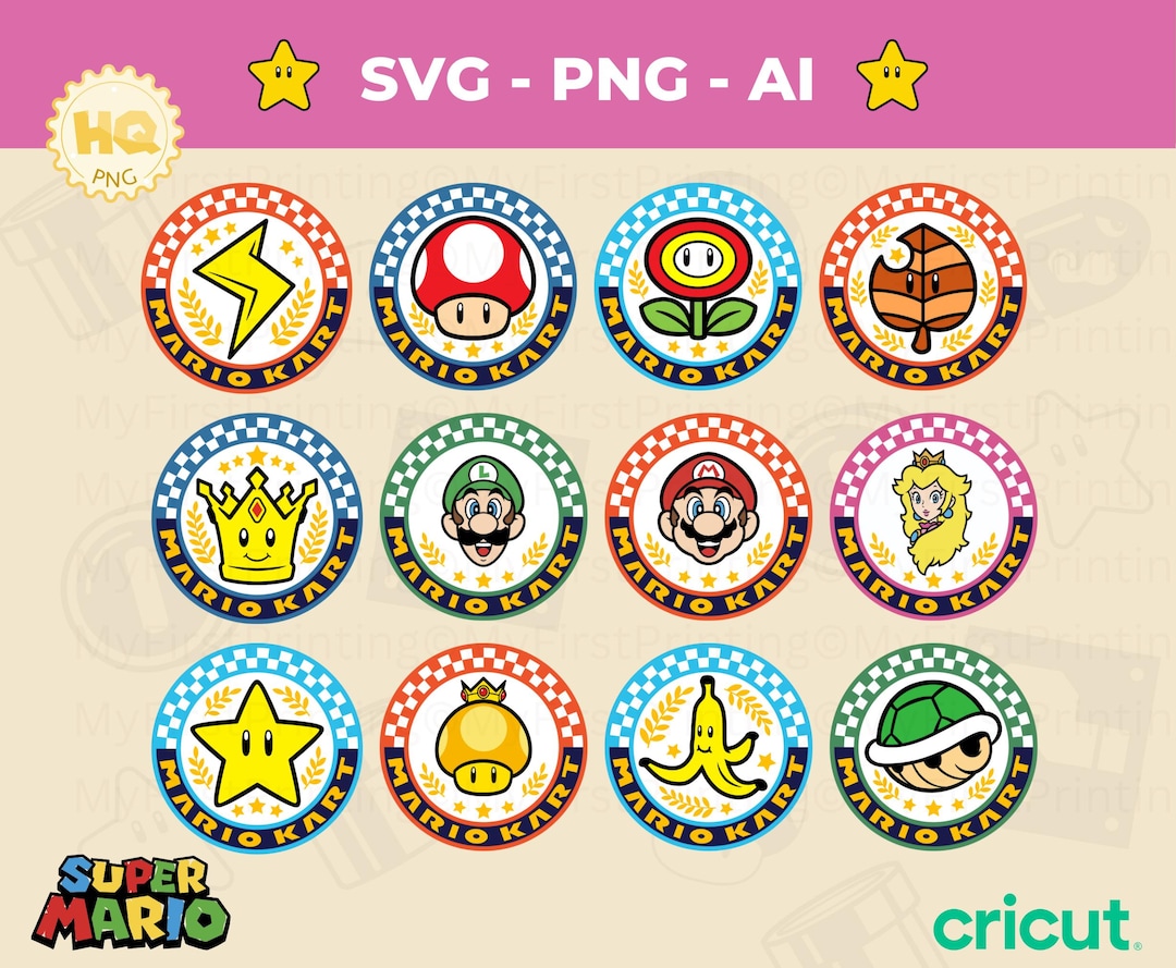 24 Mario Kart Cup Badges Pack - Colorful SVG Files - Black Outline PNG ...