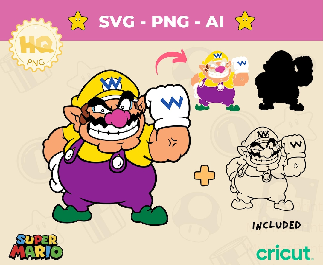 Digital Wario Vector Cut File SVG PNG Pack - Mario Character - Crafting ...