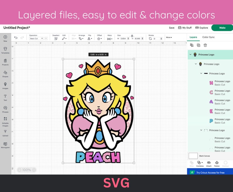 Princesa Peach SVG: Diseño de vinilo personalizado, archivo de corte ...