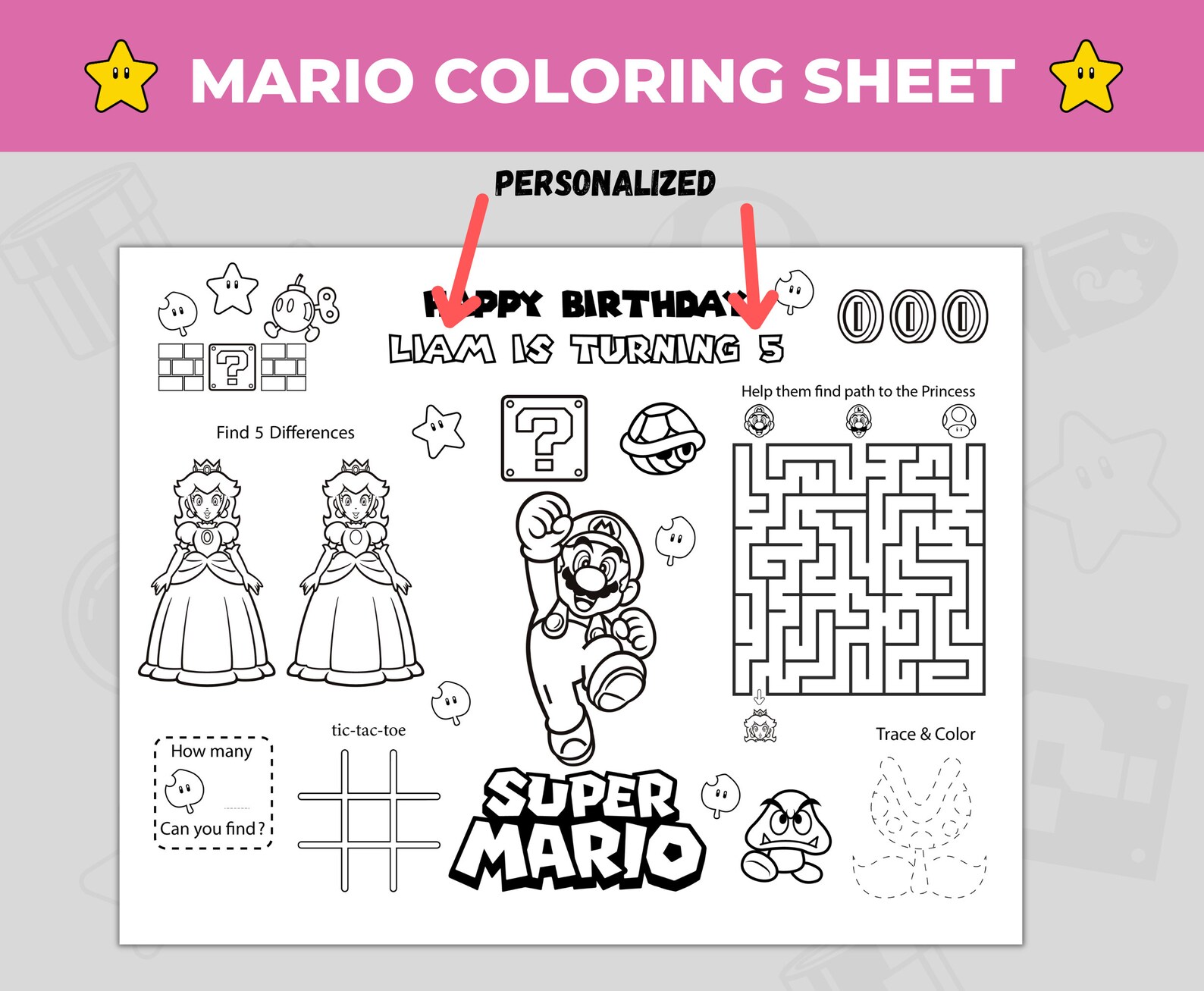 Custom Mario Birthday Coloring Sheet: Printable Party Favor (digital ...