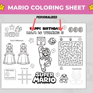 Personalized Mario Birthday Coloring Sheet Custom Printable Activity ...