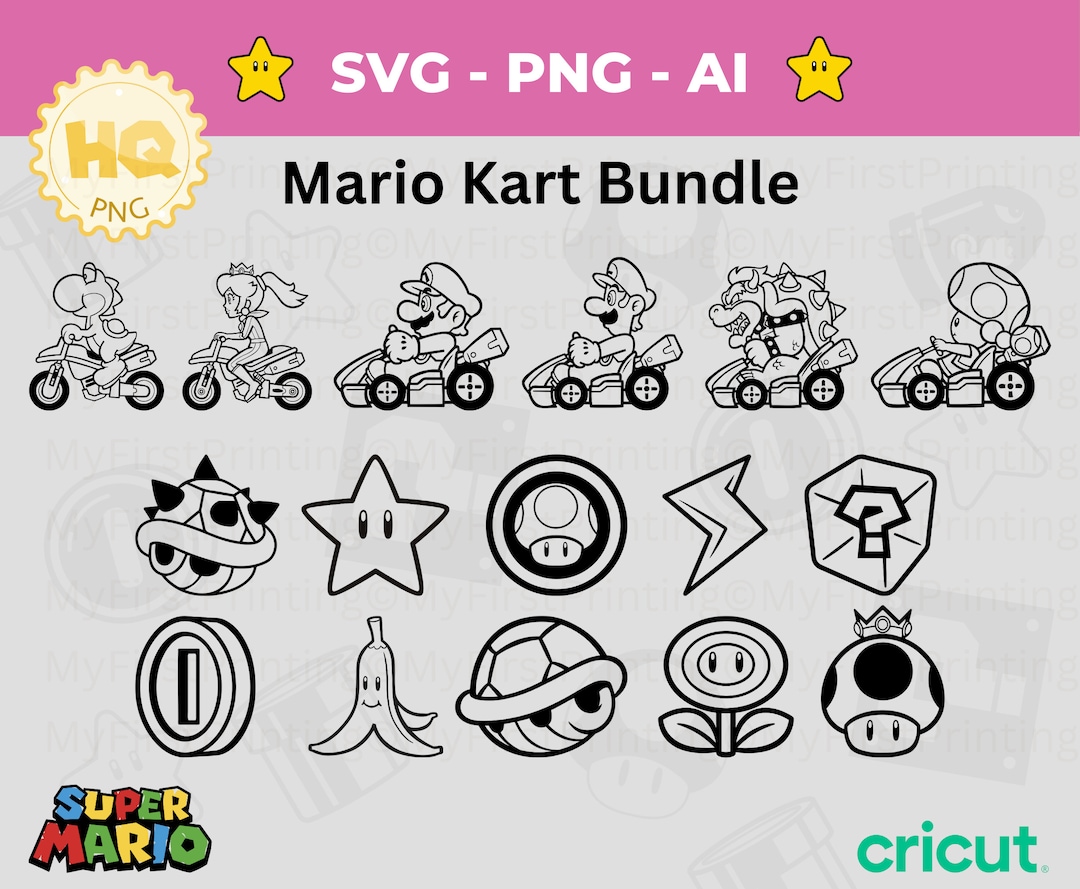 Mario Kart SVG Bundle - Pack of 16 - Super Mario Characters Png - Digital Download - Mario Cut ...