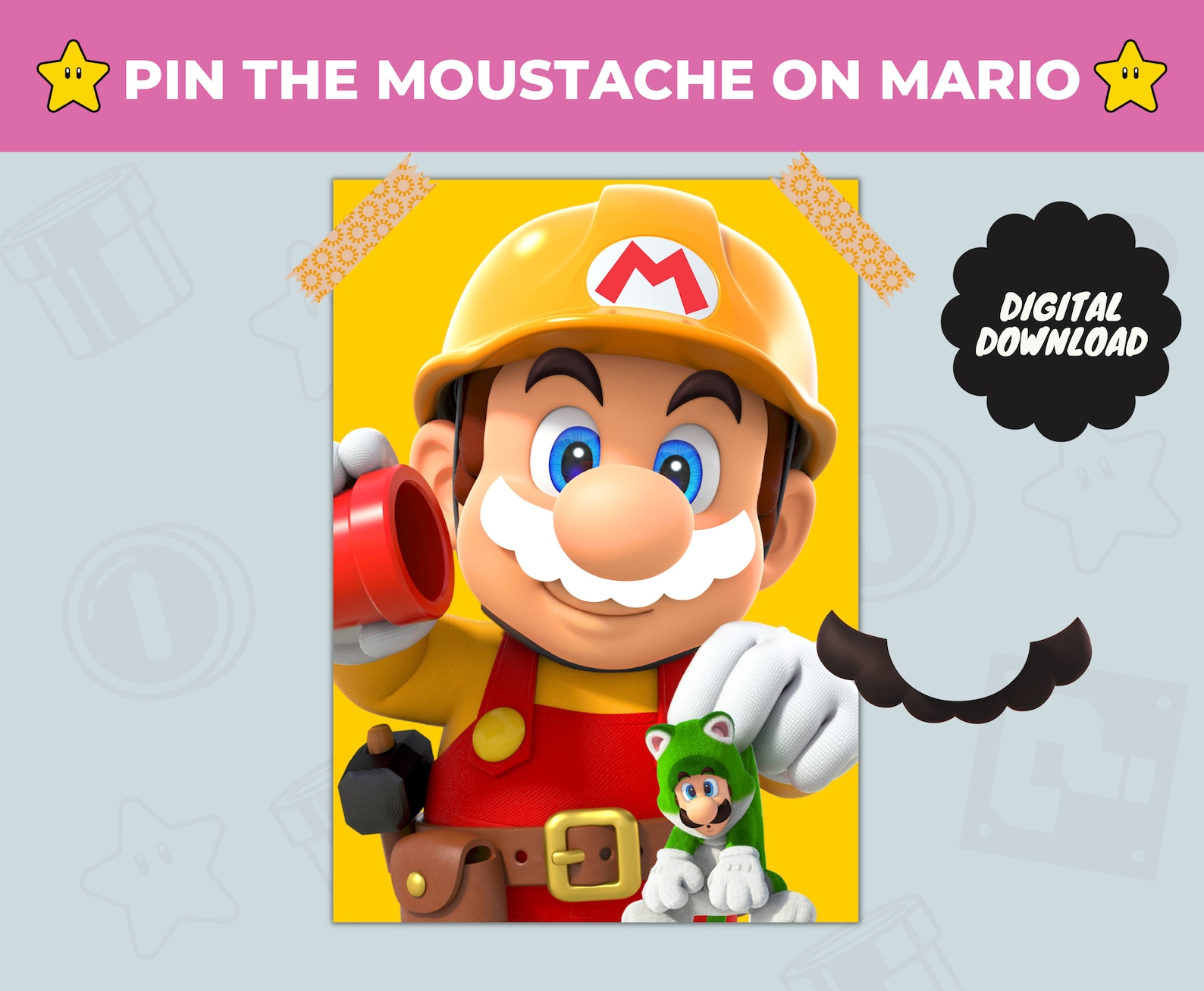 Pin the Moustache on Mario Game: Printable Birthday Party Activity ...