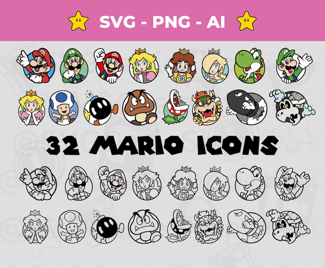 Mario Icons SVG Pack of 32 Super Mario Characters Instant Download ...
