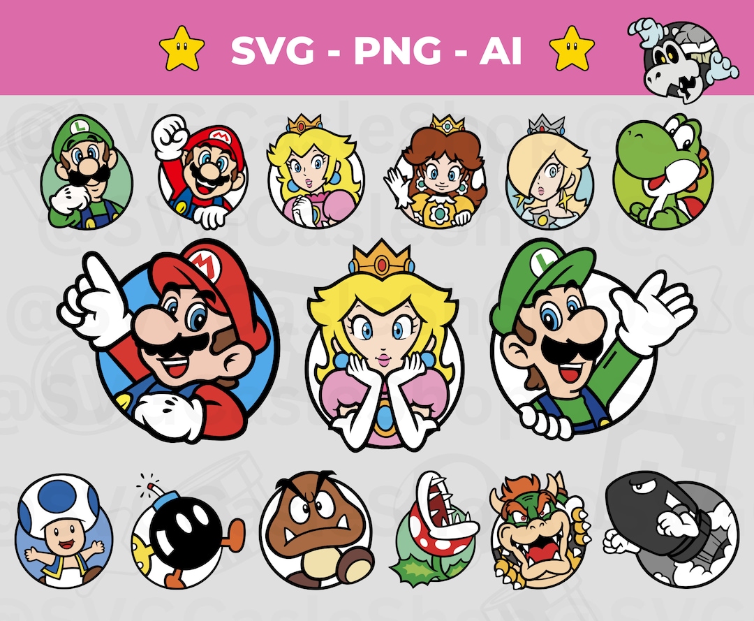 Mario Icons Clipart SVG Bundle - 16 Super Mario Characters - Instant ...