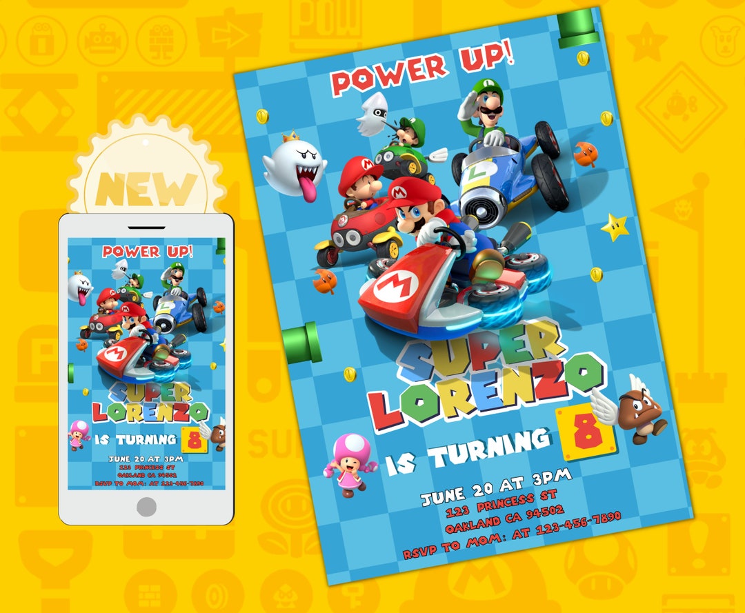 Digital Mario Invitation, Super Mario Kart PNG PDF, Super Mario ...