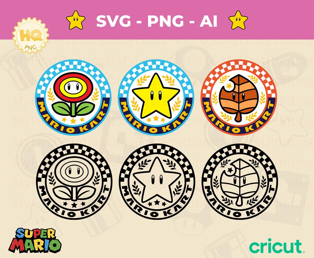 Mario Badge Vector Bundle - 6 SVG PNG Kart Cut Files for Cricut - Kids ...