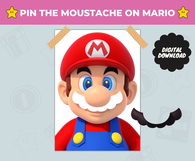 Digital Mario Activities Pack for Kids - Printable Pin the Moustache on ...