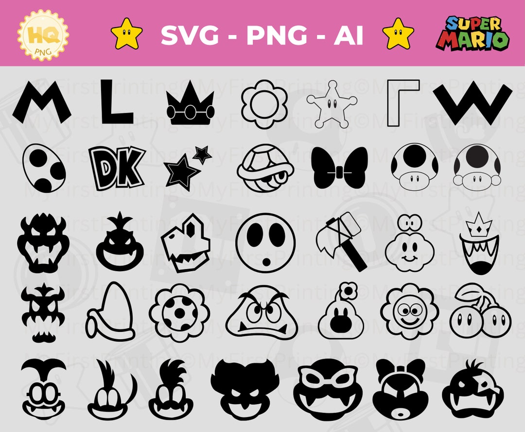 35 Mario Icons SVG Pack for Mario Characters Clipart SVG Outline, PNG ...