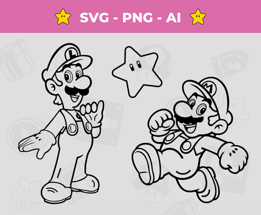 Super Mario Brothers SVG Bundle – Mario, Luigi & Star Outlines – Cricut Cut File - Digital ...