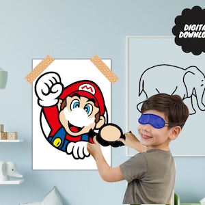 Mario Game Activity Pack for Birthday Party, Pin the Moustache on Mario ...
