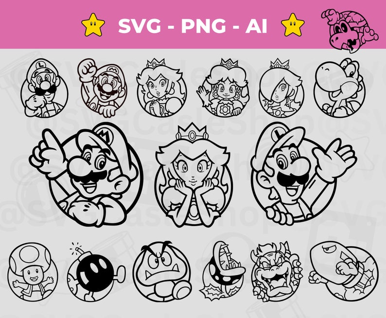 Mario Icons Outline SVG Set: Super Mario Characters Cut Files (instant ...