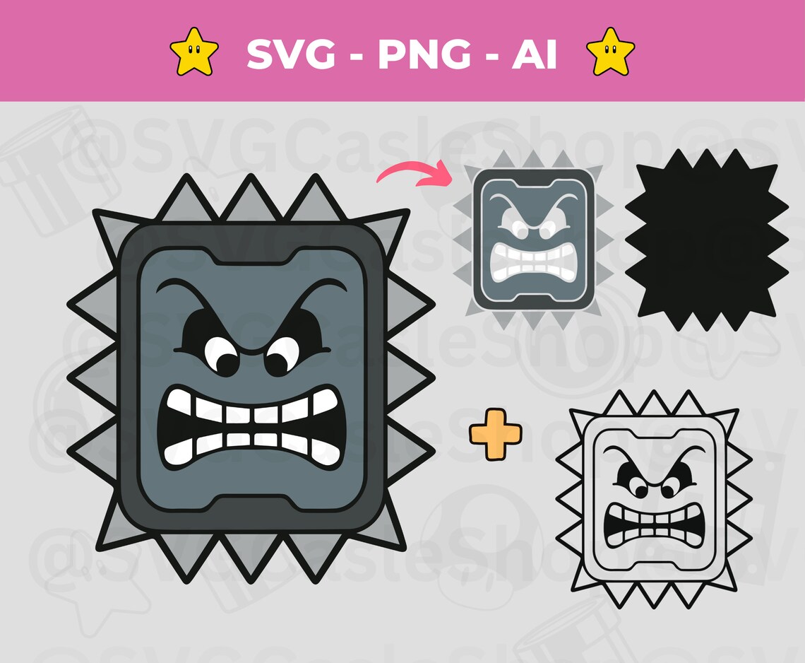 Mario Thwomp Vector Cut File: Stone Face SVG PNG AI (digital Download ...