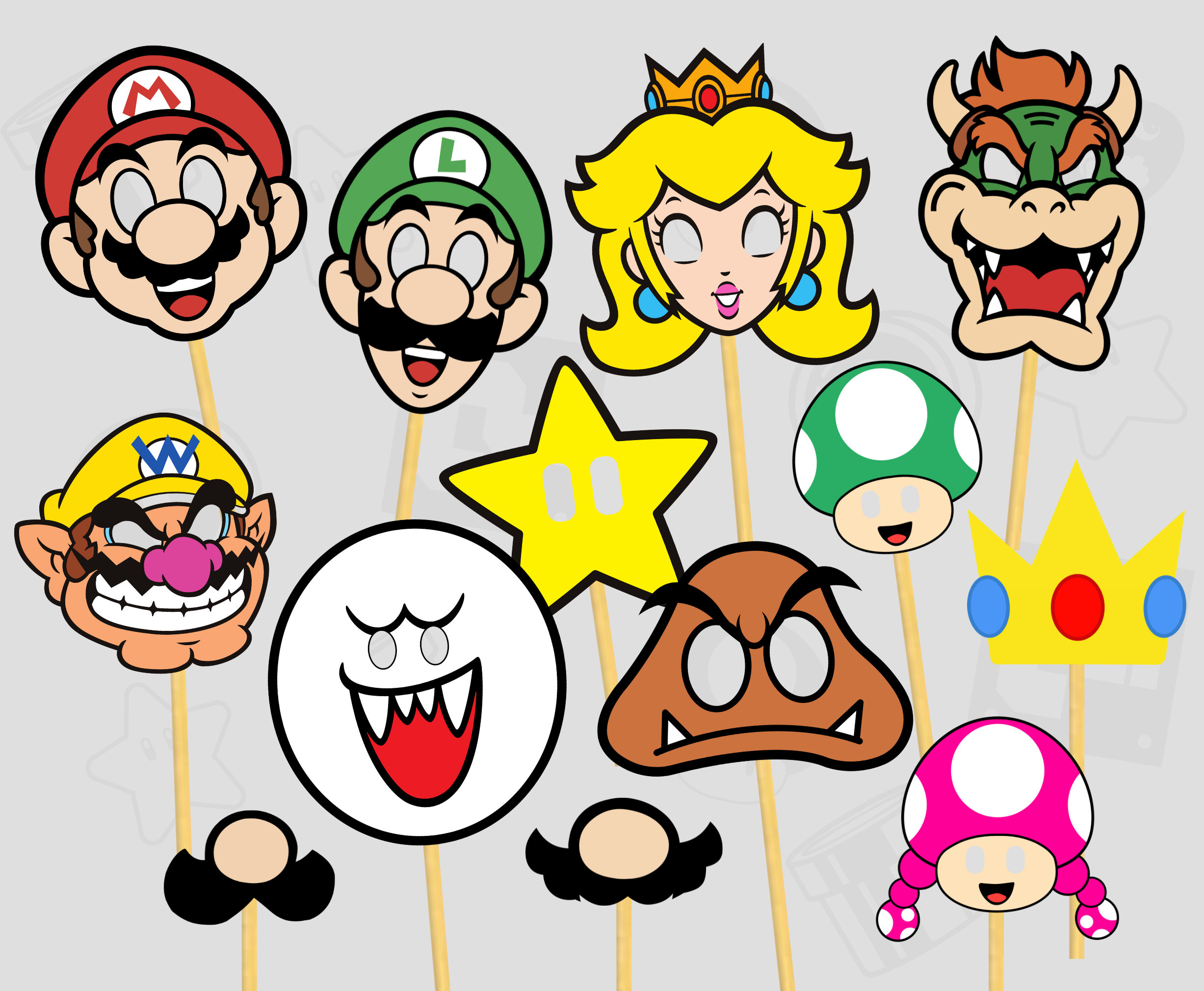 Super Mario Photo Booth Props: Princess Peach, Luigi, Bowser (digital ...