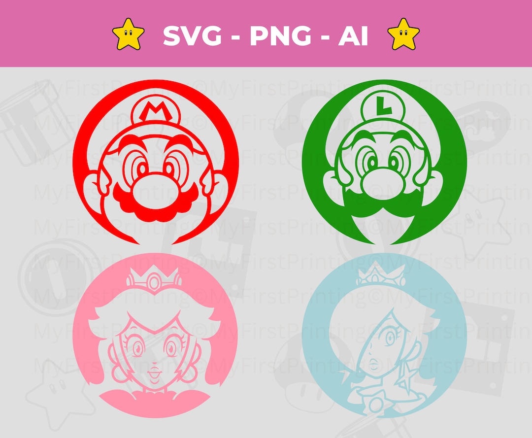 Super Mario Character Faces SVG: Mario, Luigi, Peach, Rosalina (digital ...