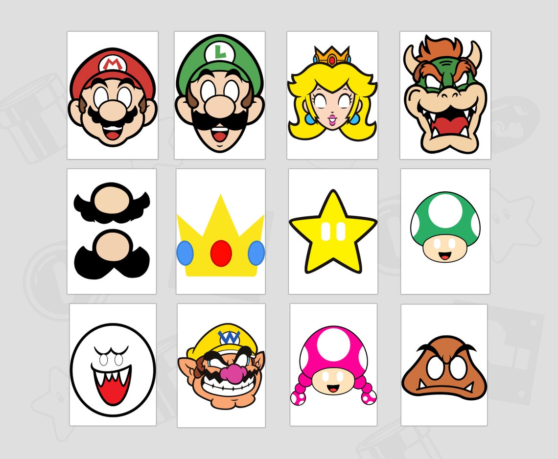 Super Mario Photo Booth Props: Princess Peach, Luigi, Bowser (digital ...