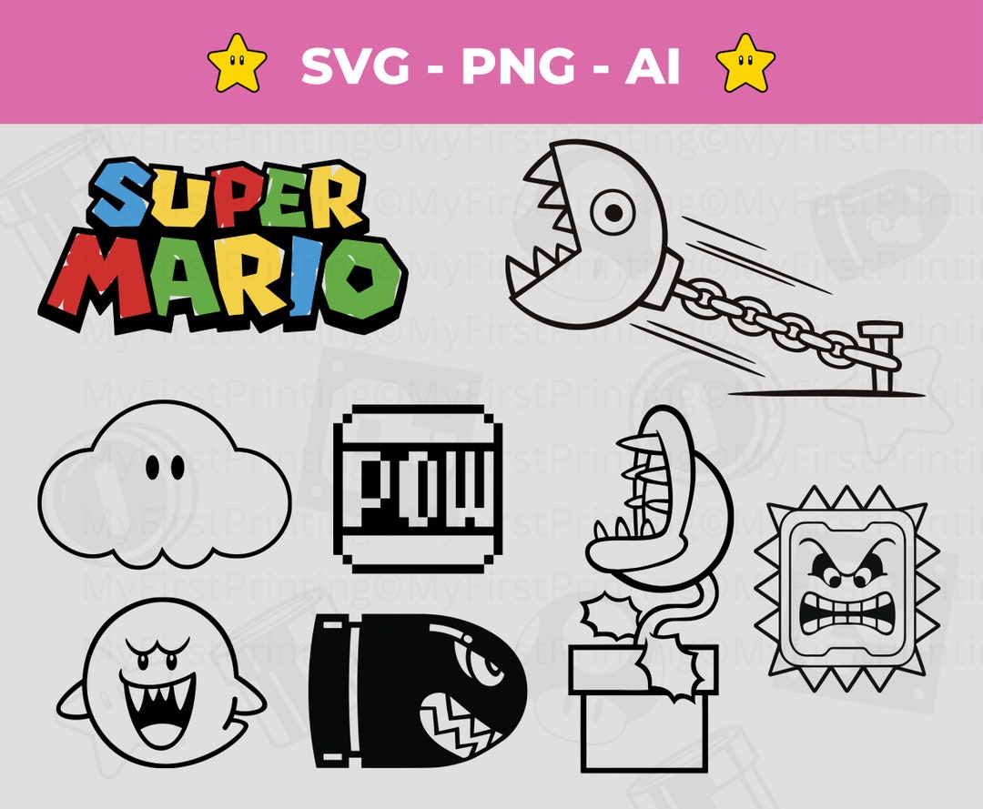 Rare Mario SVG Outline Pack 7 Retro Mario Characters PNG Bundle ...
