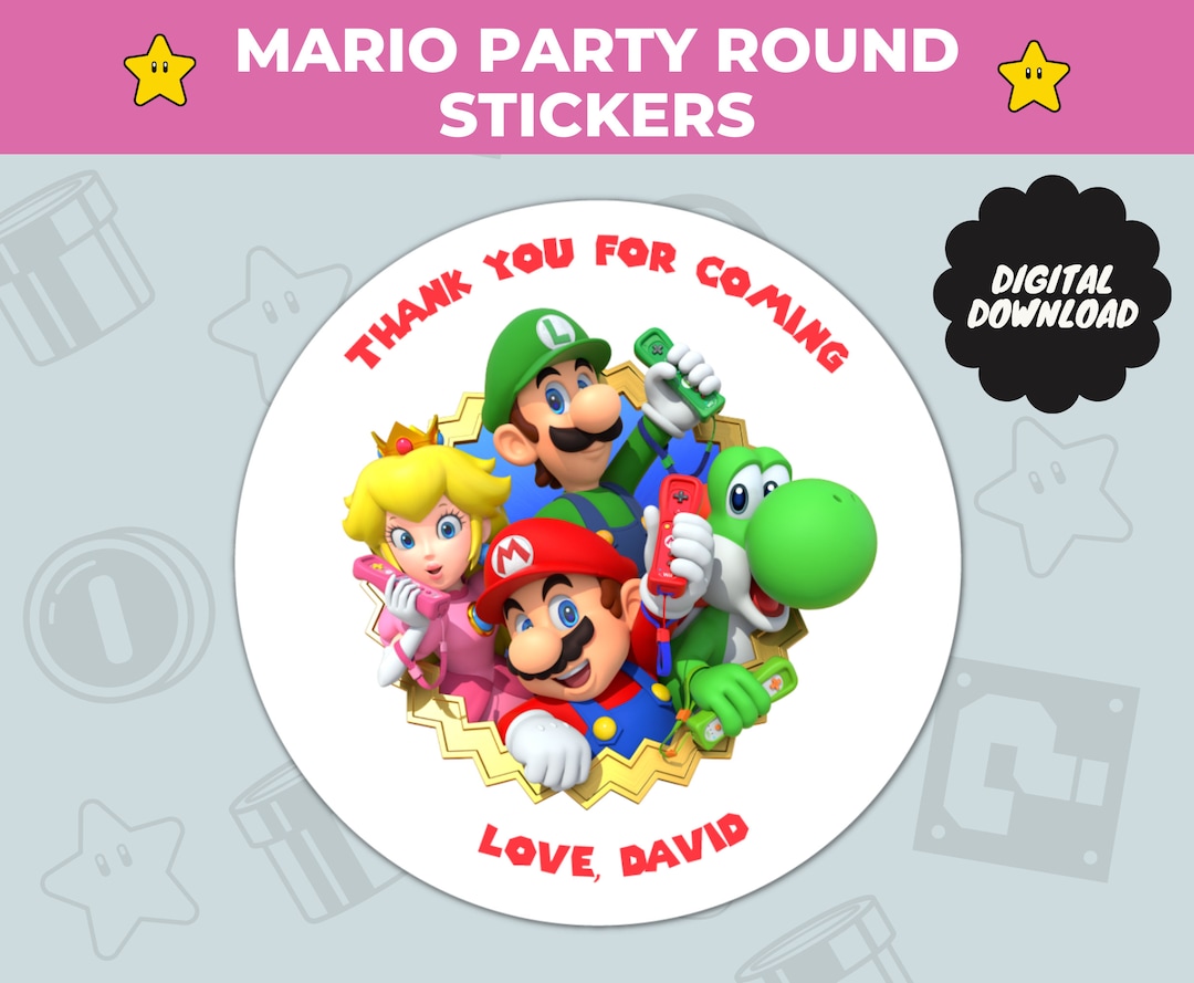 Custom Super Mario Thank You Round Stickers - Digital Birthday Party ...