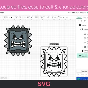 Digital Mario Thwomp Vector Cut File SVG PNG - Giant Stone Face Super ...
