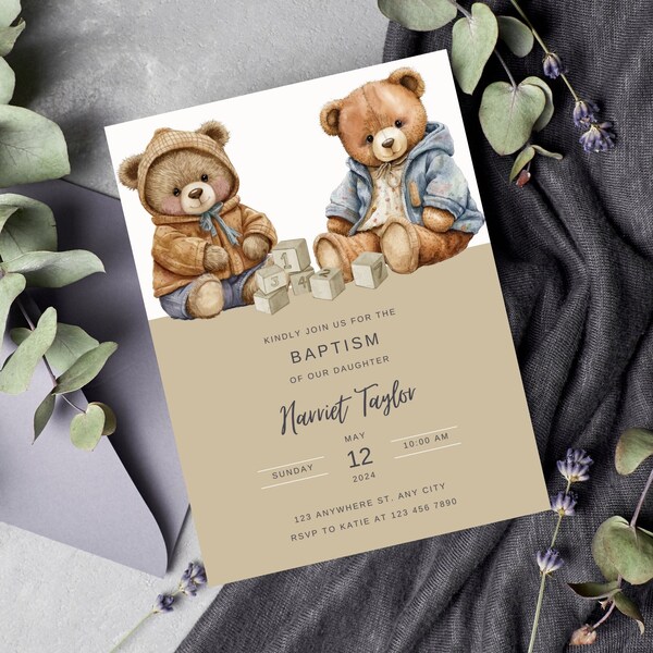 Teddy Bear Christening Invitation - Etsy