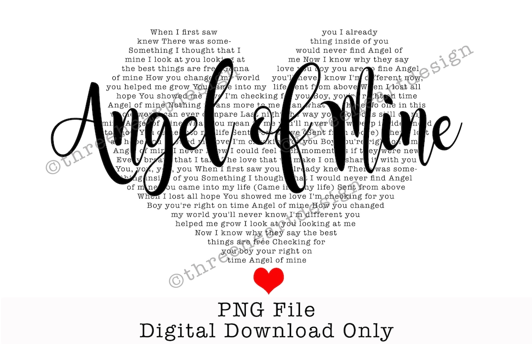 Angel of Mine Song Lyrics Heart PNG, Sublimation Design, Wedding Gift ...