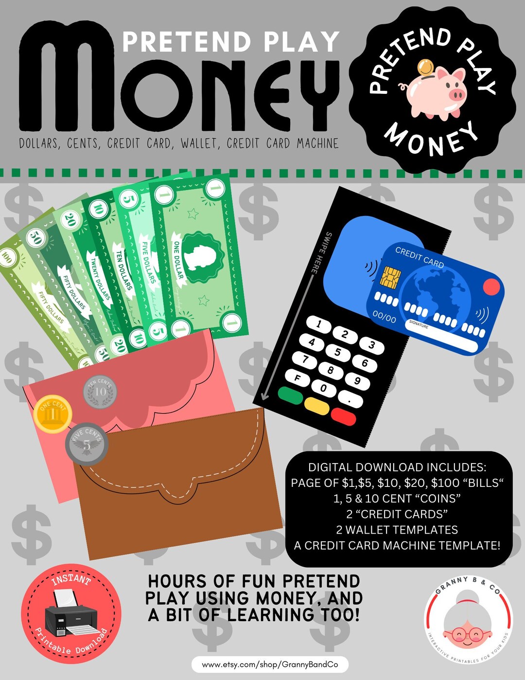 PRETEND PLAY, Money, Play Money, Credit Card, Wallet, Card Scanner ...