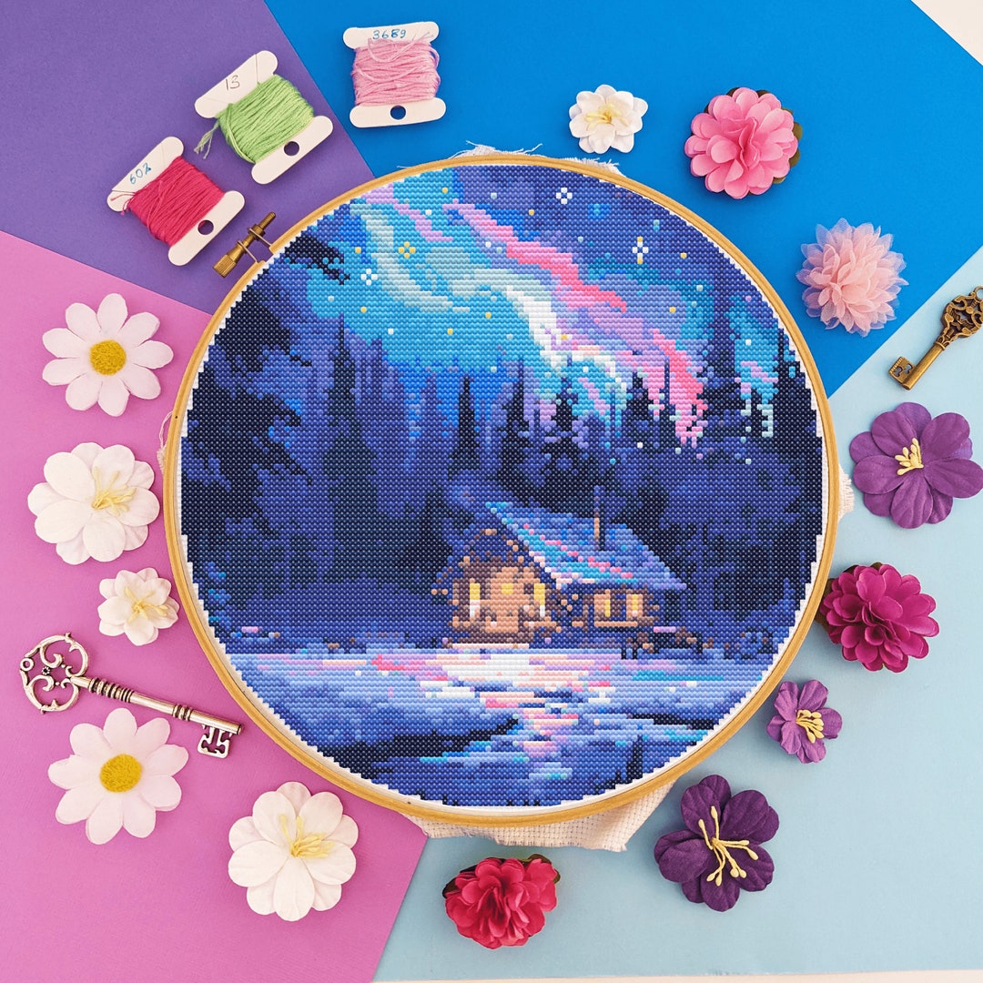 Snowy Aurora Cabin Cross Stitch Pattern - Nature Camping Holiday ...