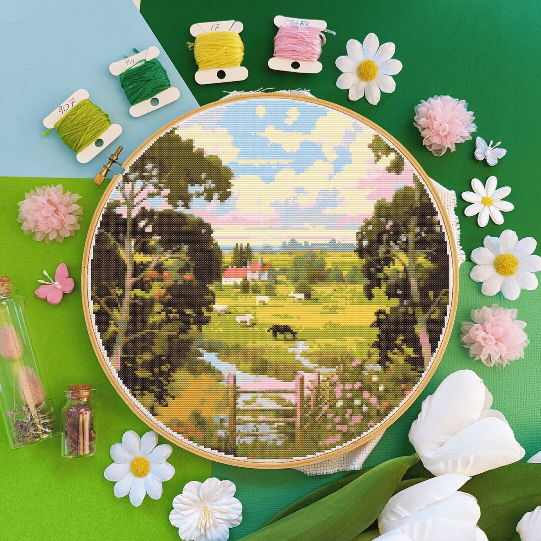 Country Cattle Farm Pattern - Bright Colourful Cottagecore Landscape ...