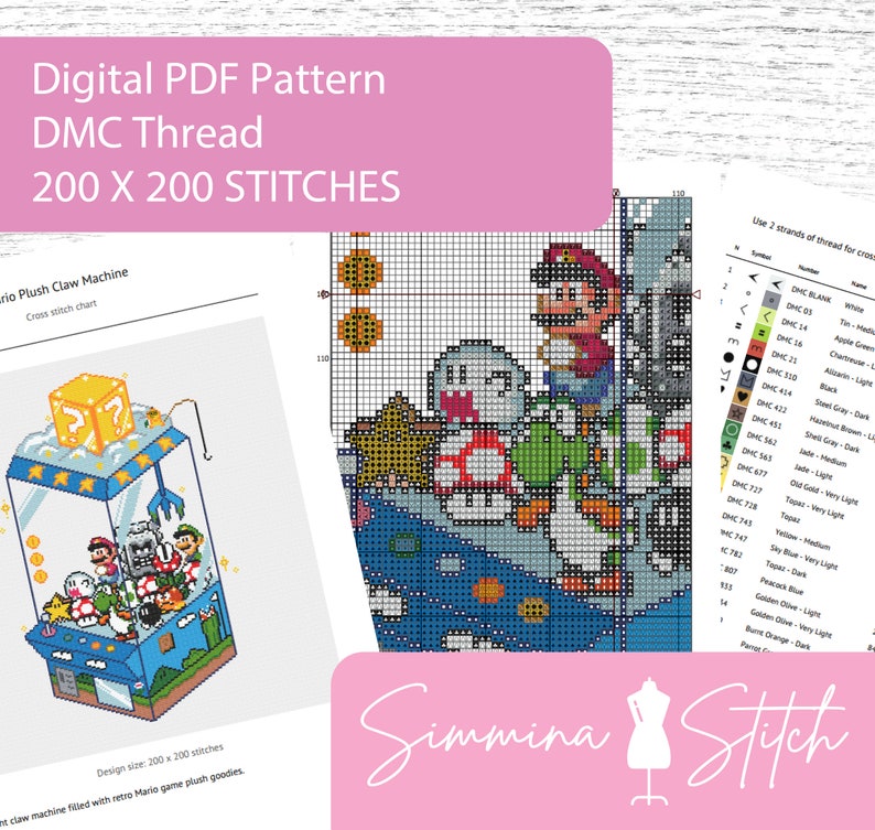 Mario Plush Claw Machine Cute Retro Gaming Cross Stitch Pattern Digital ...