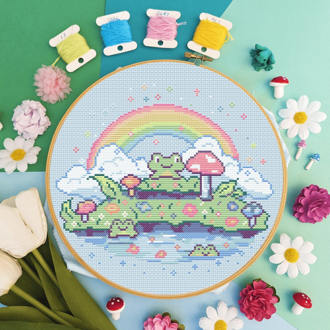 Rainbow Frog Pond Cross Stitch - Cosy Festive Cat Pumpkin Modern ...