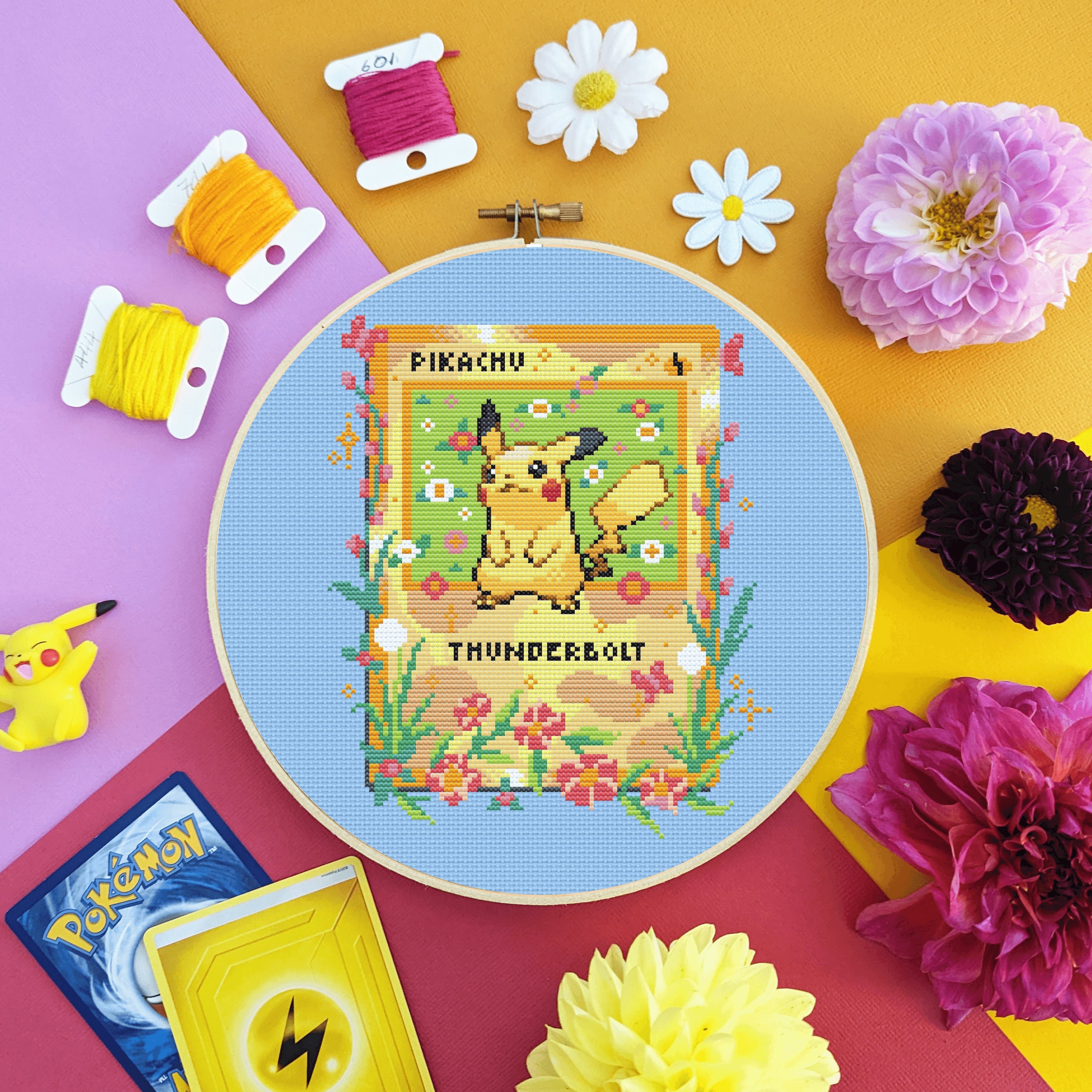 Pokemon Card - Pikachu - Cute Cosy Gaming Floral Cross Stitch Pattern ...