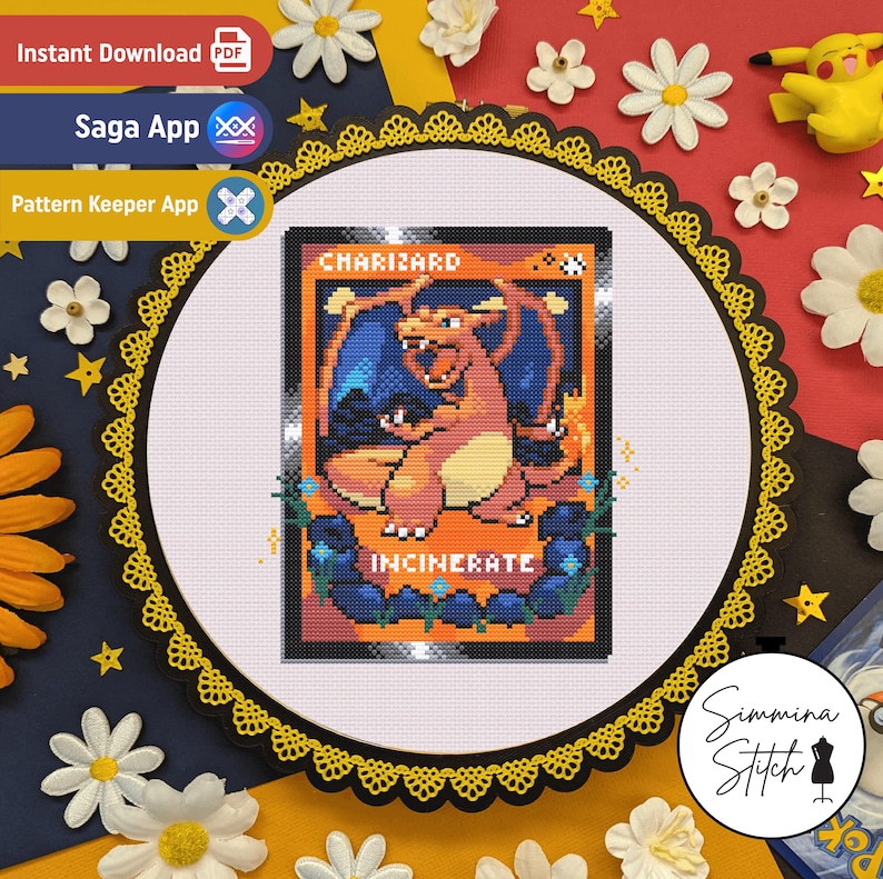 Pokemon Card - Charizard - Cute Cosy Gaming Floral Cross Stitch Pattern ...
