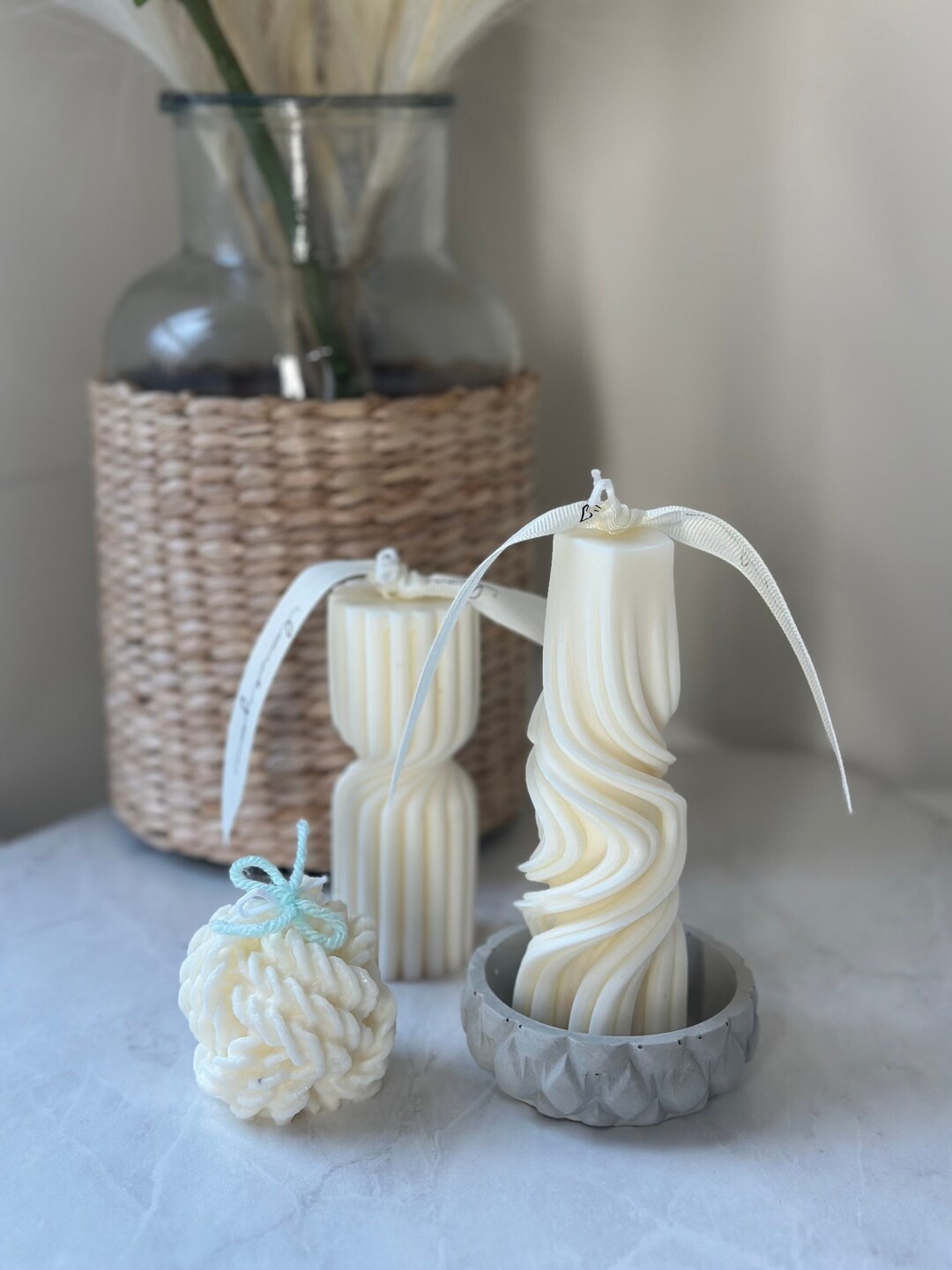 Soy Candles of 3 Configurations With Holder, Concrete Holder, Ribbed ...